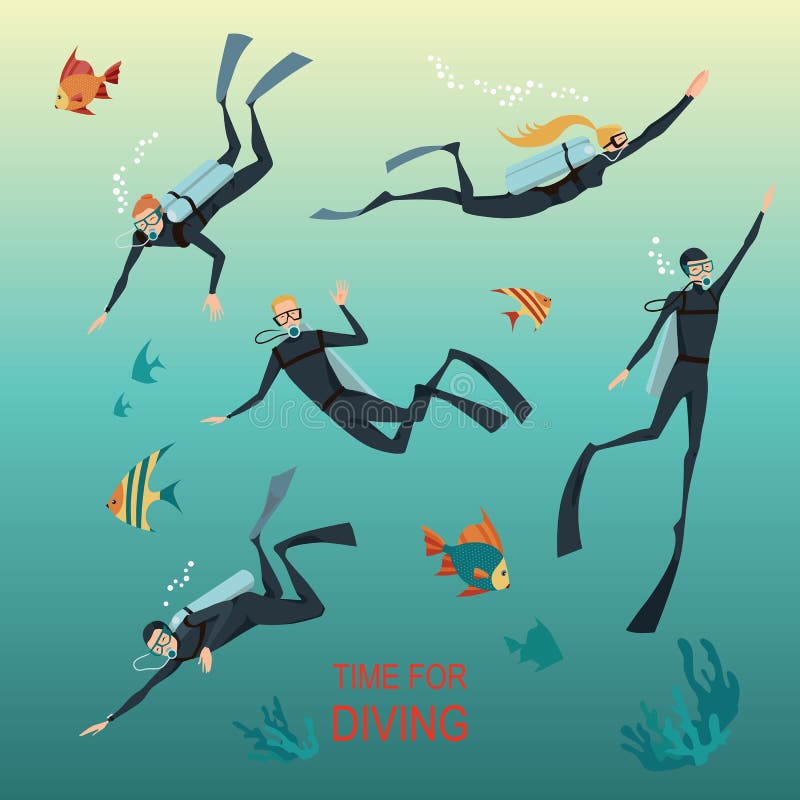 Set of Illustrations of Divers. Characters in Cartoon Style on the ...