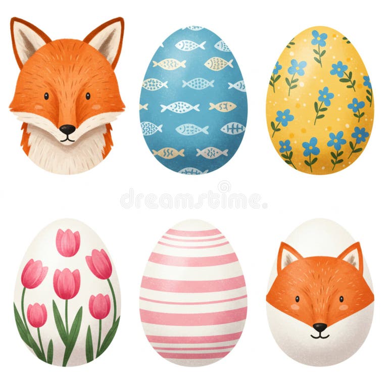 Illustrations of a Fox and Decorated Eggs Stock Illustration ...