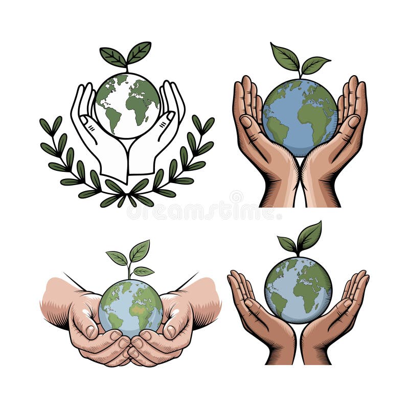 Illustrations of Hands Holding Earth Globe Symbolizing Environmental ...
