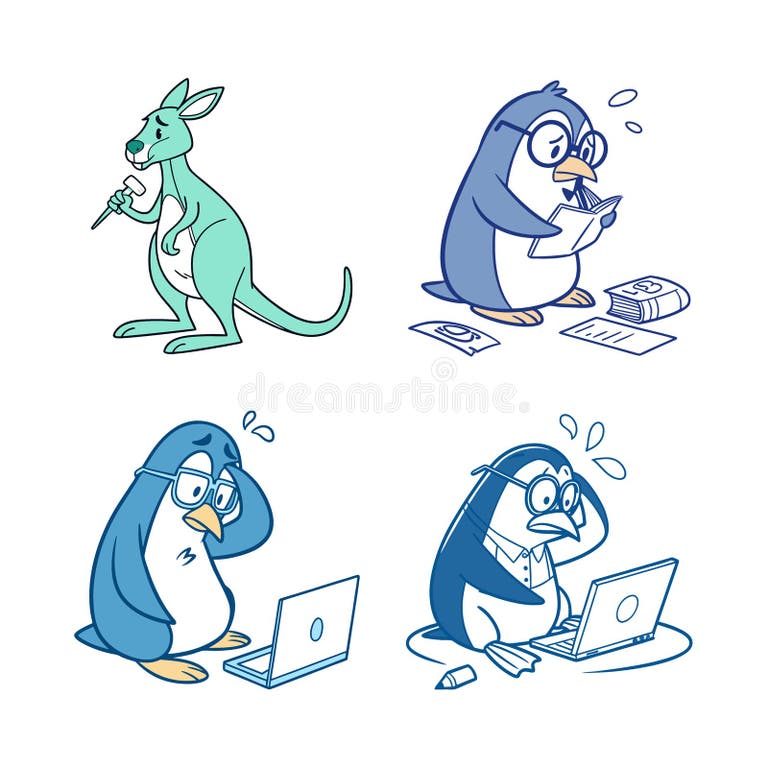Penguin Evolution: Learning, Thinking, Working, Stressed Stock Vector ...