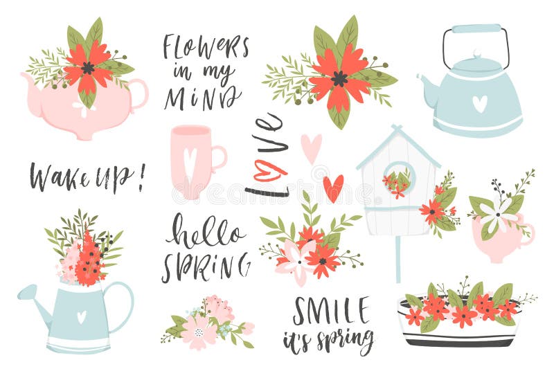 Illustrations and Lettering Spring Hand Drawn Set Stock Vector ...