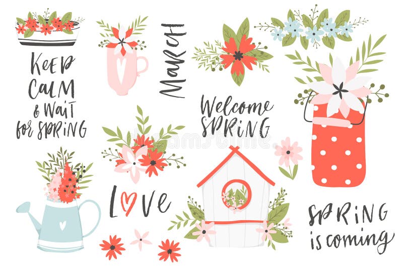 Illustrations and Lettering Spring Hand Drawn Set Editorial Photo ...
