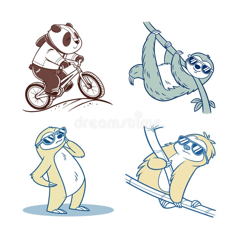 Cartoon Panda and Sloths on a White Background Stock Vector ...