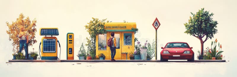 Illustrations of People Interacting with Green Technology in an Eco ...