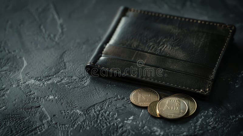 Illustrations of Some Coins and a Leather Wallet on a Black Backgrounds ...