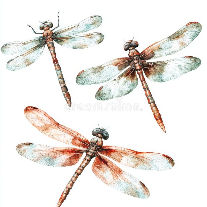 Illustrations Set of Summer Dragonflies and Insects in Watercolor Stock ...