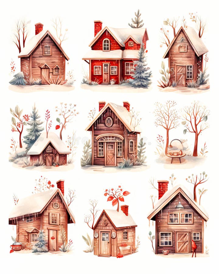 Illustrations Set of Vintage Winter House and Wood Stock Photo - Image ...