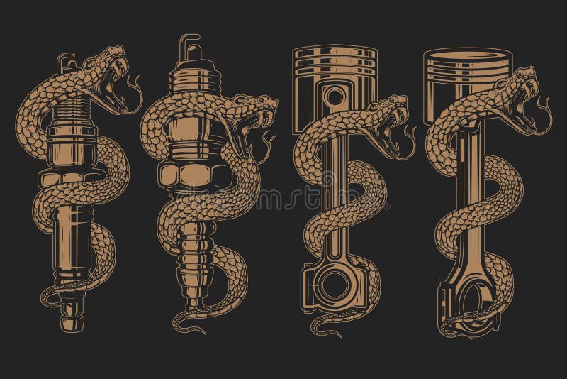 Illustrations of Snake on Car Piston, Car Spark Plug. Design Element ...