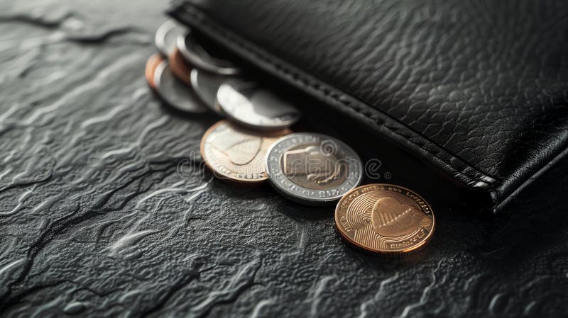 Illustrations of Some Coins and a Leather Wallet on a Black Backgrounds ...