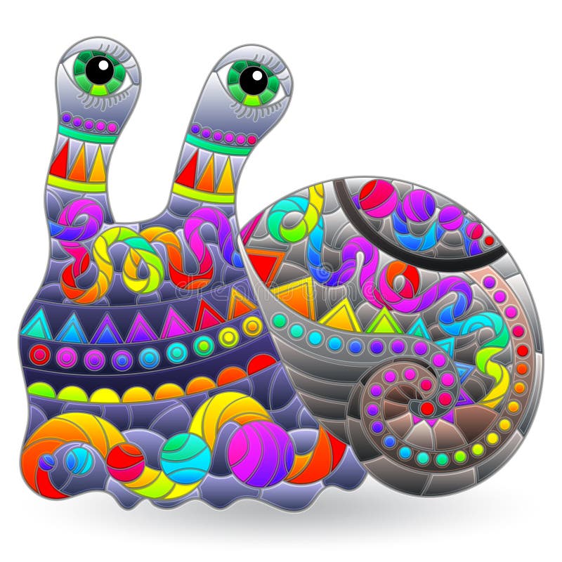 An Illustrations in the Style of Stained Glass with Abstract Cute Snails, Animals Isolated on a ...