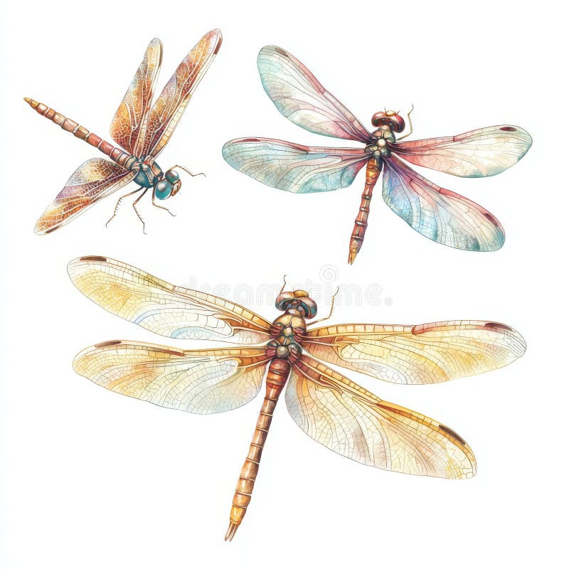 Illustrations of Summer Dragonflies and Insects Created with Watercolor ...