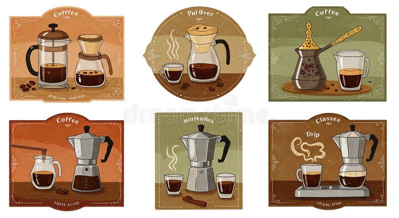 Illustrations of Various Coffee Brewing Methods, Including a French ...