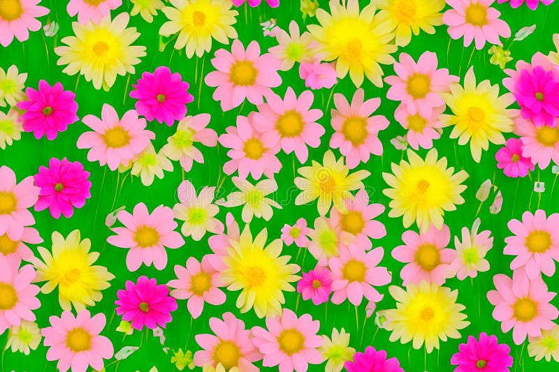 Illustrative Abstract Background of Yellow and Pink Daisies on Green ...