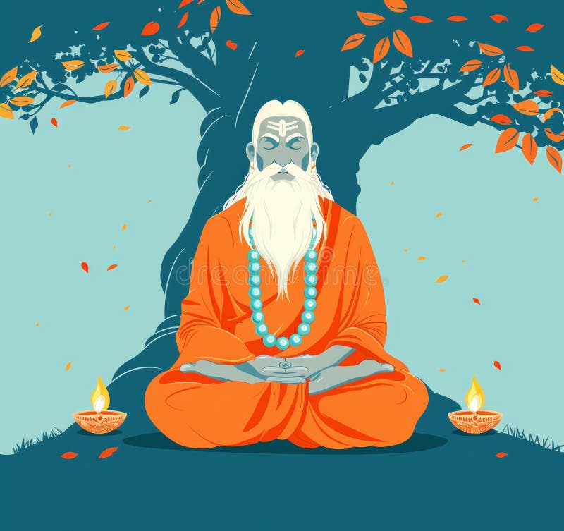 Illustrative Art of an Elderly Sage Meditating Under a Tree with Fallen ...