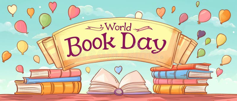 Illustrative Banner for World Book Day with Colorful Balloons and Stack ...