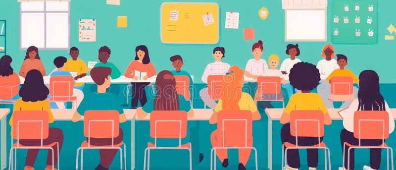 A Illustrative Classroom Full of Students Sitting in Orange Chairs ...