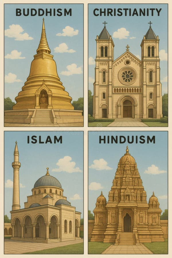 Illustrations Showcase Sacred Buildings of Buddhism, Christianity ...