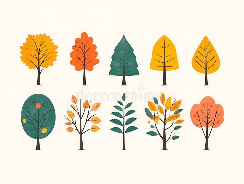 Illustrative Colorful Trees Showcasing Different Leaf Styles and Colors ...