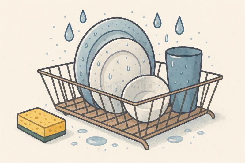 Illustrative Dishes on Drying Rack with Drops and Sponge for Everyday ...