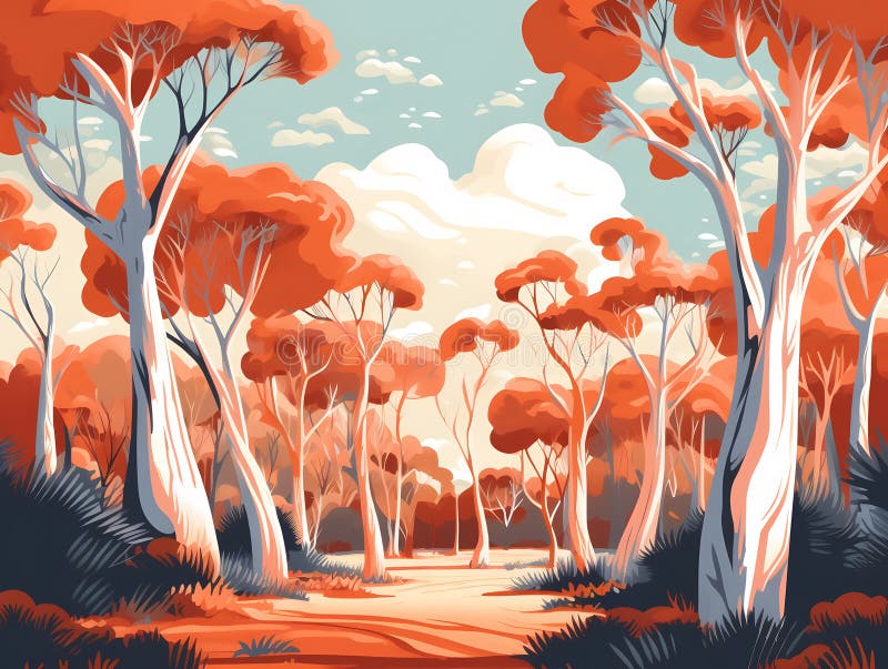 Illustrative Drawing of a Landscape with Forest and Tall Trees ...