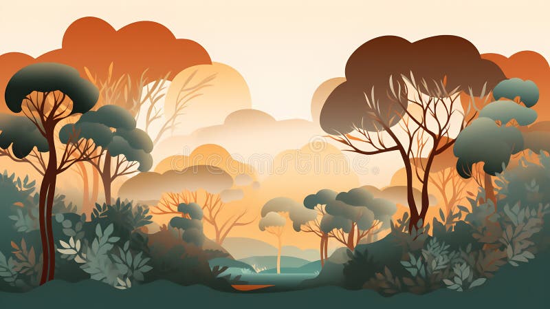 Illustrative Drawing of a Landscape with Forest and Tall Trees ...