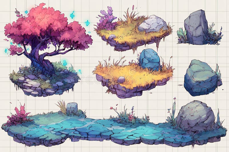Illustrative Fantasy Landscape Elements with Trees, Rocks, and Grass ...