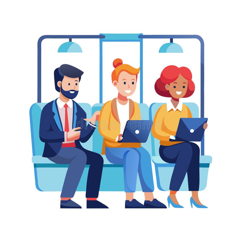 Illustrative Group of Professionals Working on Laptops while Commuting ...