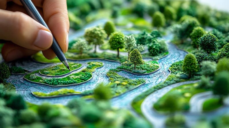 Illustrative Hand Creating Miniature River and Forest Ecosystem ...