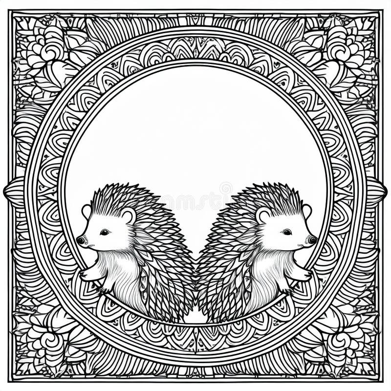 Illustrative Hedgehogs Surrounded by Detailed Floral Design in a ...