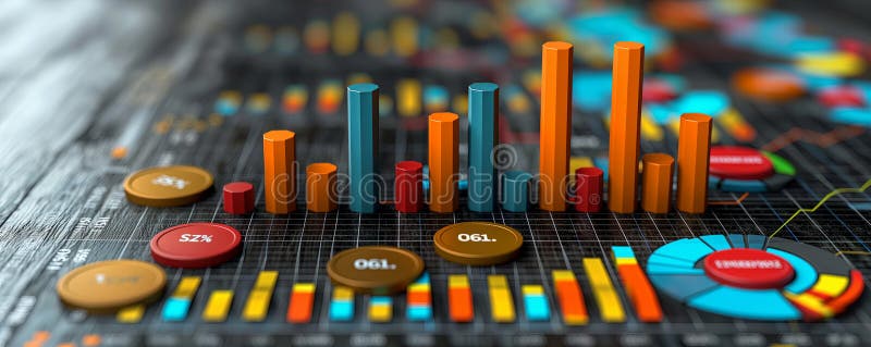 3D Render of Colorful Bar Graphs and Pie Charts Stock Illustration ...