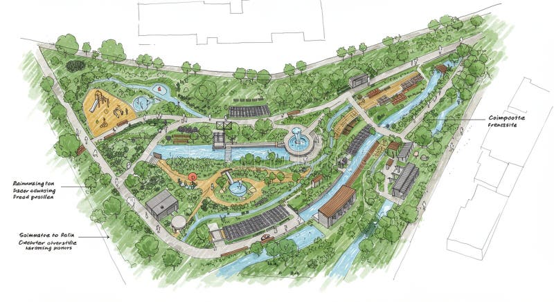 Illustrative Map of a Triangular Park Featuring Diverse Elements ...