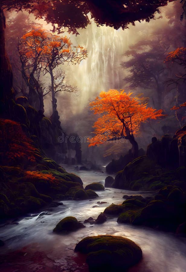 Illustrative Painting of an Imaginary Forest with a Waterfall ...