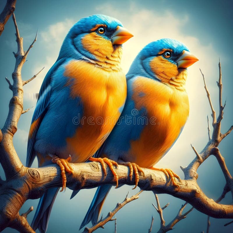 Two Canaries on a Tree Branch Stock Illustration - Illustration of ...