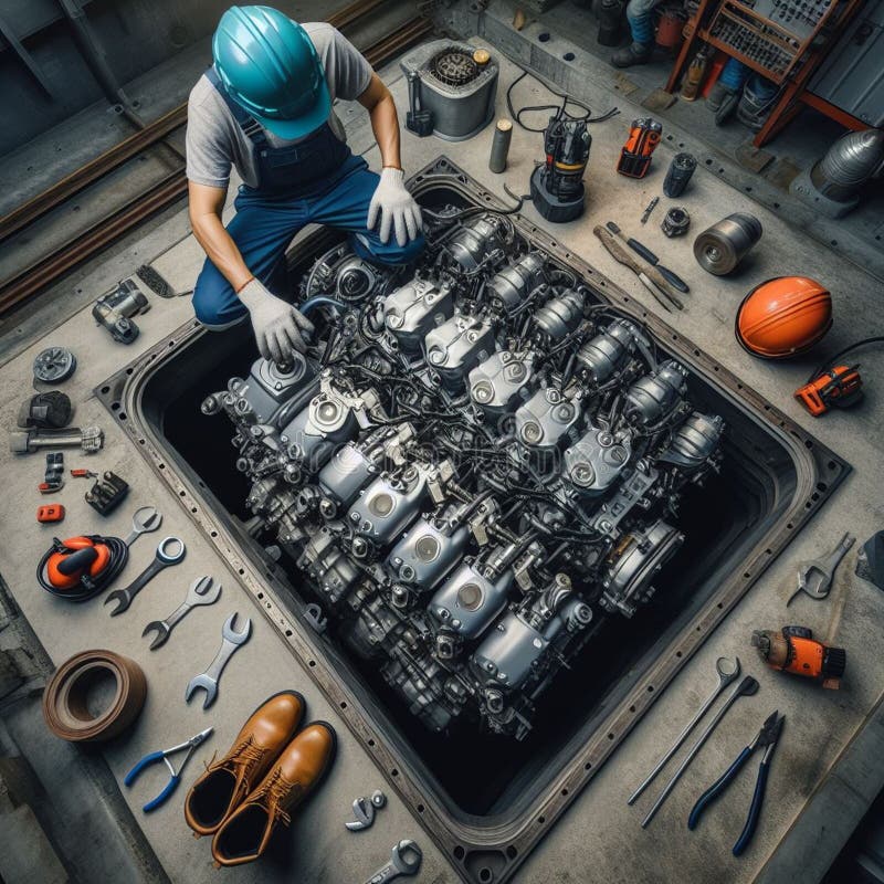 Heavy Industry Inside: Working on an Internal Combustion Engine. Stock ...