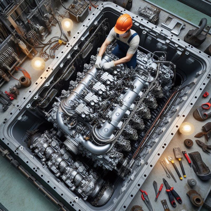 Heavy Industry Inside: Working on an Internal Combustion Engine. Stock ...