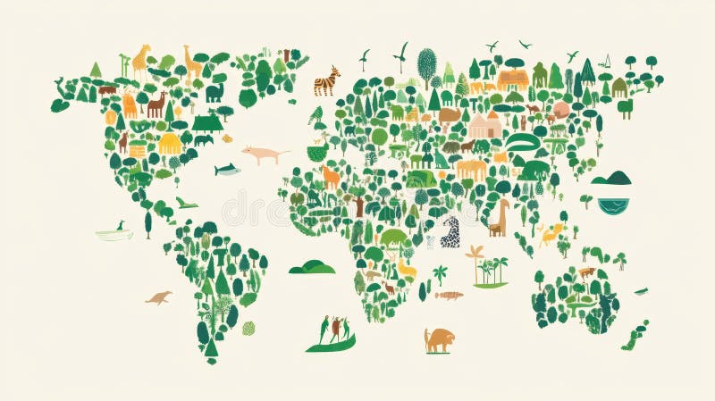 Illustrative World Map Showcasing Diverse Global Ecology with Stylized ...