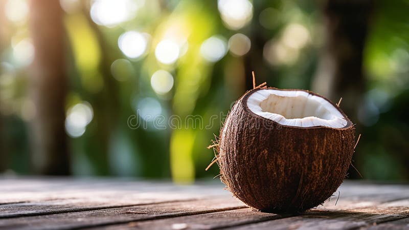 Broken Brown Coconut on Table, World Coconut Day Stock Illustration ...