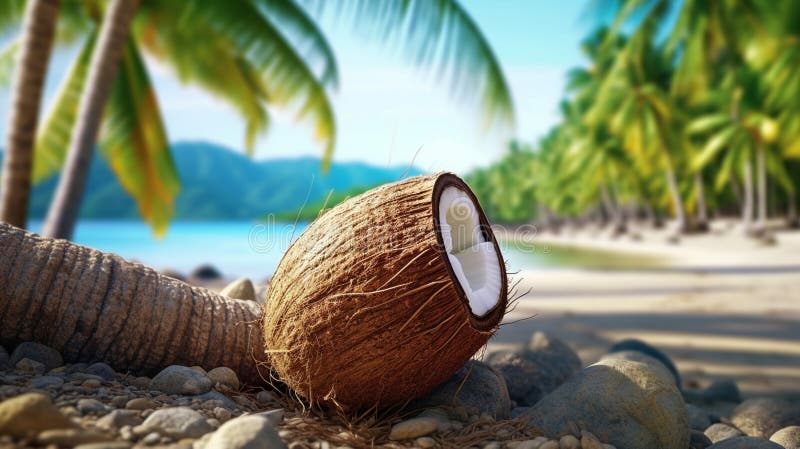 Broken Brown Coconut on Sandy Beach, Tropical Beach, World Coconut Day ...