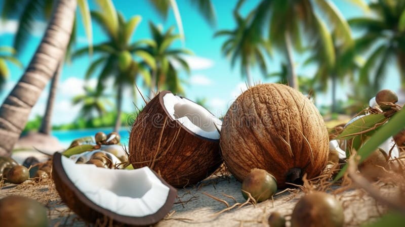 Broken Brown Coconut on Sandy Beach, World Coconut Day Stock ...