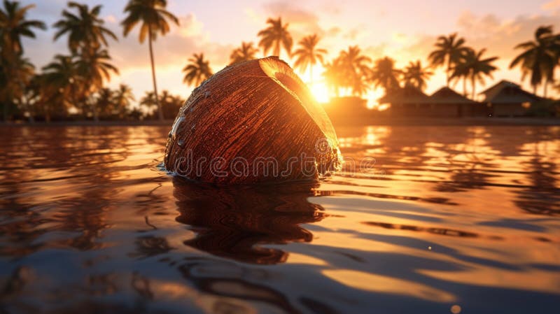Broken Coconut Swimming in Water Against Sunset, World Coconut Day ...