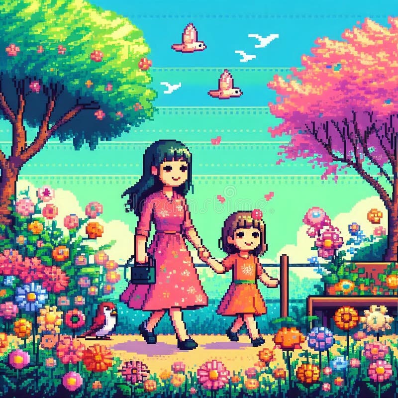 Illustrator Design of Mother and Child Walking in the Park,pixel Art ...