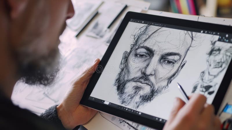 Illustrator Drawing a Portrait on a Digital Tablet with a Stylus Stock ...