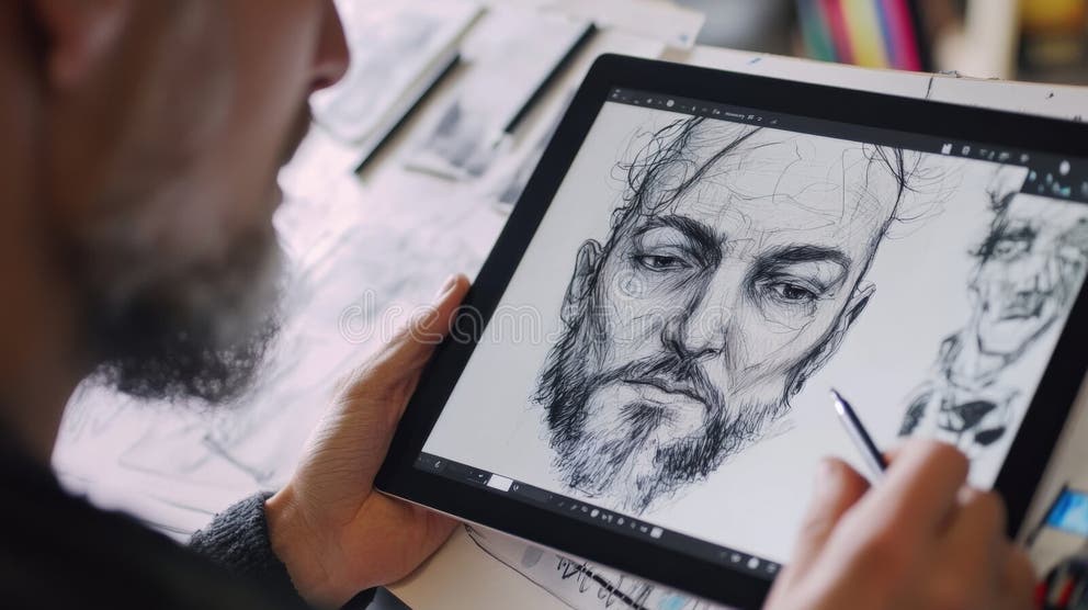 Illustrator Drawing a Portrait on a Digital Tablet with a Stylus Stock ...