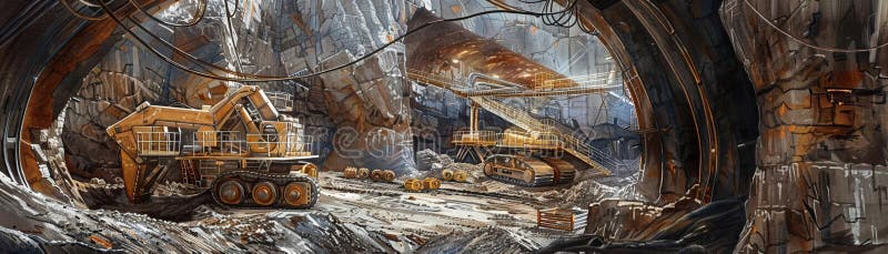 Illustrator Drawing of an Underground Mining Operation Highlighting the ...