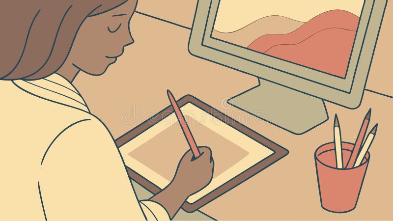 Illustrator Working at a Desk with a Graphics Tablet. Creative Job ...