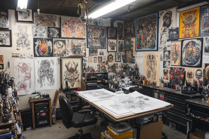 Illustrator Working on Fantasy Character Designs in a Studio Filled ...