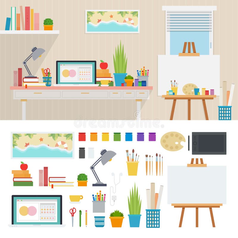 Illustrator Working Place with Artistic Tools Stock Vector ...