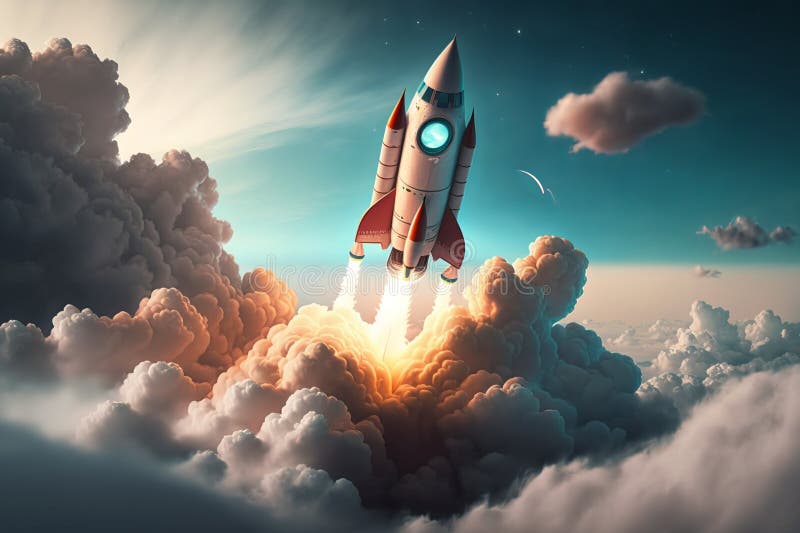 Illusytation of Rocket Flying through the Clouds, Generative AI Stock ...