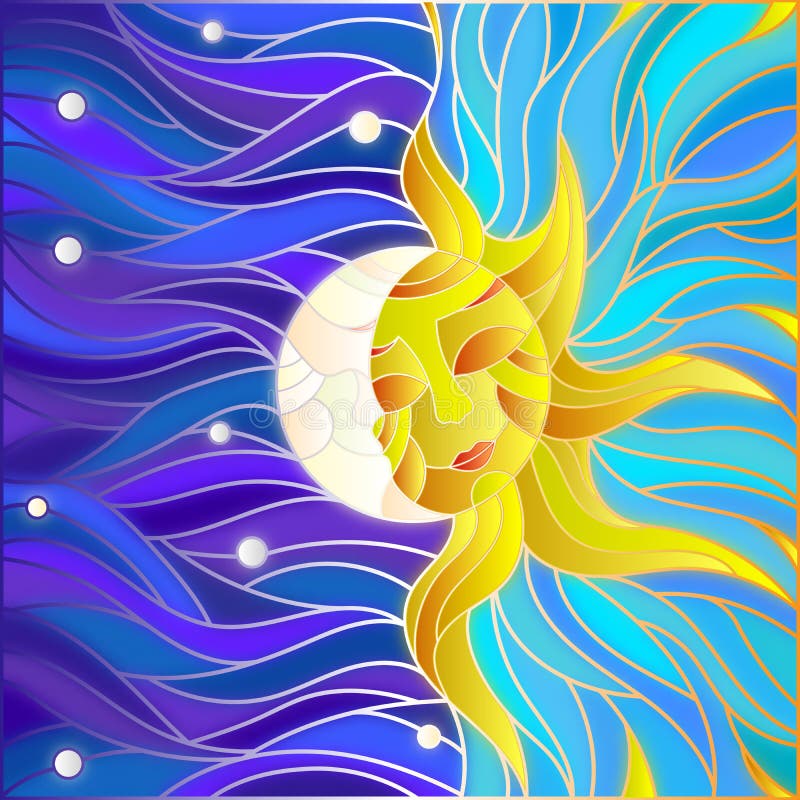 Ilustração Abstrata Do Vitral Com Lua E Sol No Céu Ilustração do Vetor ...