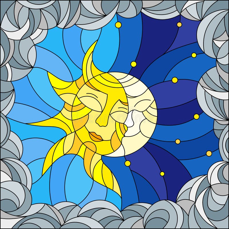Ilustração Do Vitral, Sol Abstrato E Lua No Céu Ilustração do Vetor ...